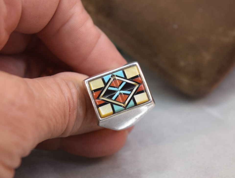 Vintage Zuni Men's Sterling Gemstone Inlay Ring sz 10 | eBay