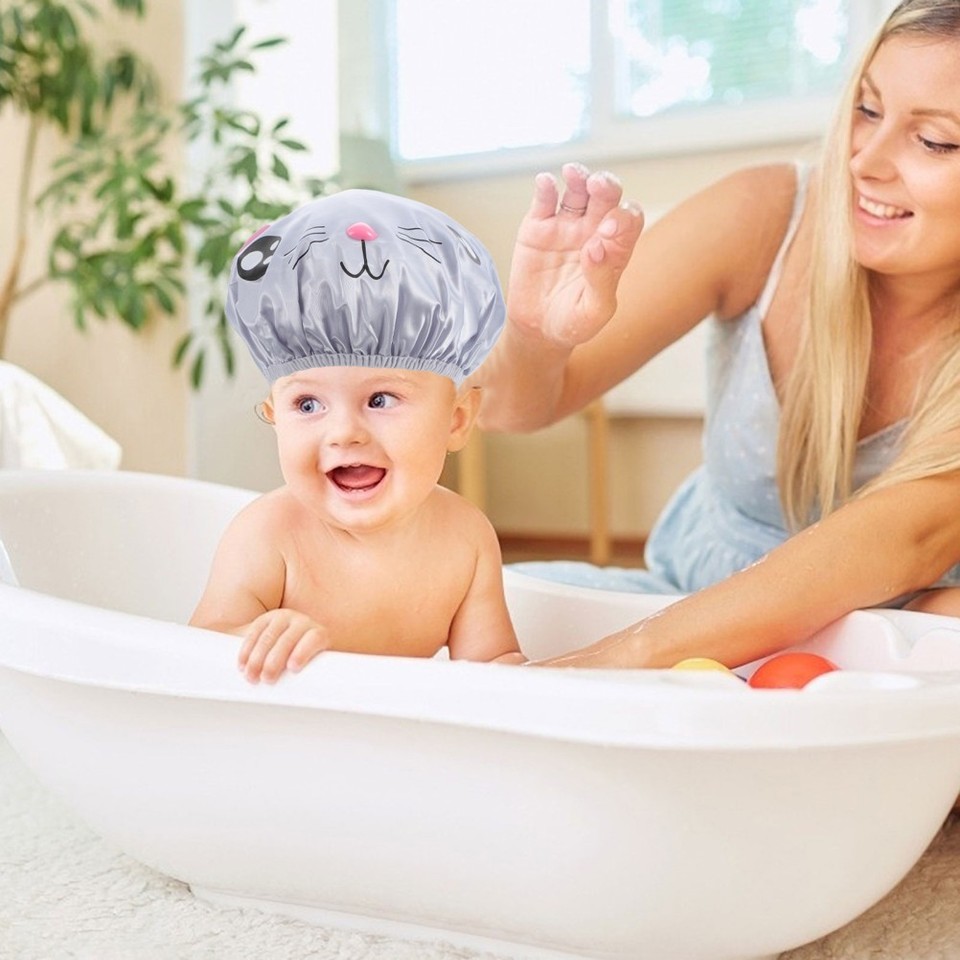 3 Pcs Waterproof Children Shower Hats Satin Double Layer Cartoon Bath ...