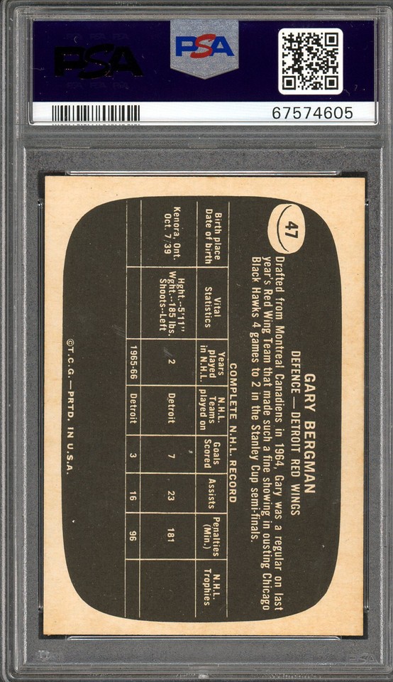 1966 Topps Usa Test NHL Hockey #47 Gary Bergman PSA 7 NM Detroit Red ...