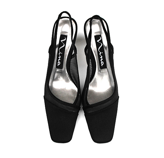 1970s Asymmetric Net Pumps Nina Black Satin Slingback… - Gem