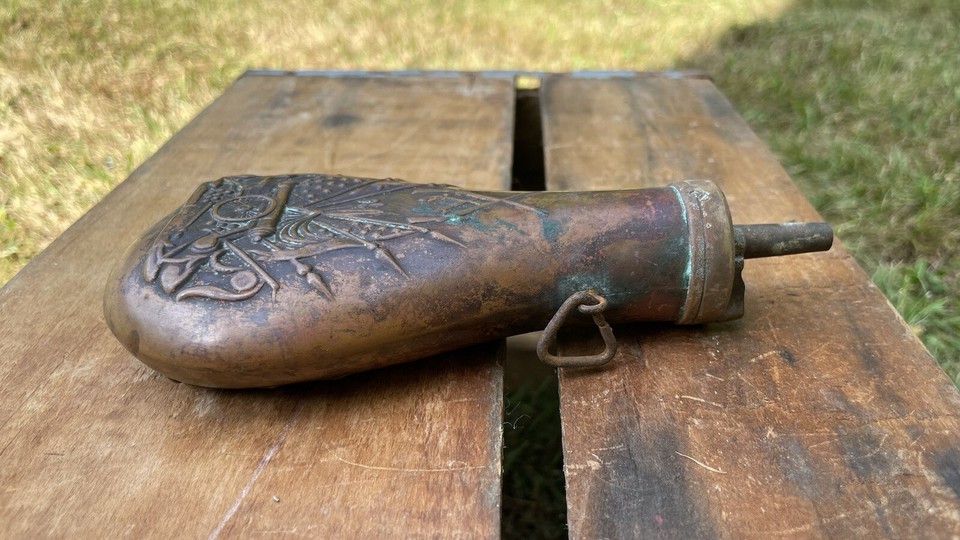 EMPTY Antique Embossed Brass Colts Cannon Design Gun Powder Holder Horn ...