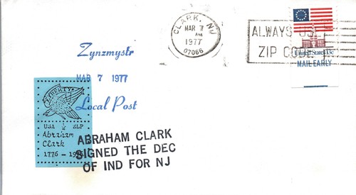 US EVENT PICTORIAL POSTMARK COVER ZYNZMYSTR LOCAL POST ABRAHAM CLARK ...