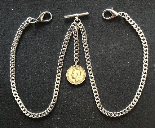 Dbl Albert Pocket watch chain George VI Threepenny Bit fob,silver ...