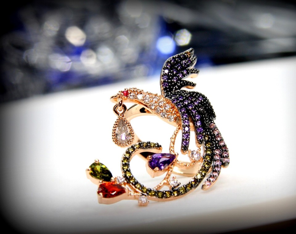 18k Rose Gold Plated Bird Ring w Swarovski Crystal Multicolor Rainbow ...