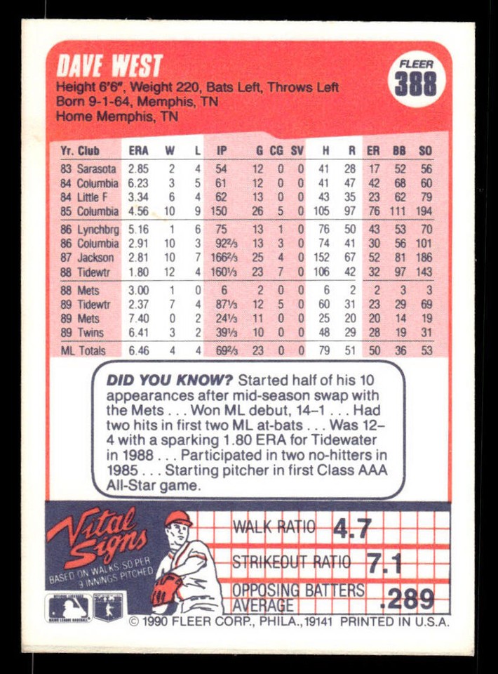 Dave West 1990 Fleer #388 Minnesota Twins | eBay