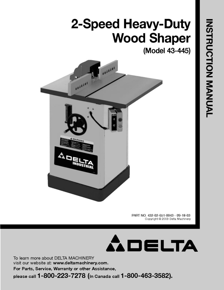 Delta 43-445 2-Speed Heavy-Duty Wood Shaper Instruction Manual | eBay