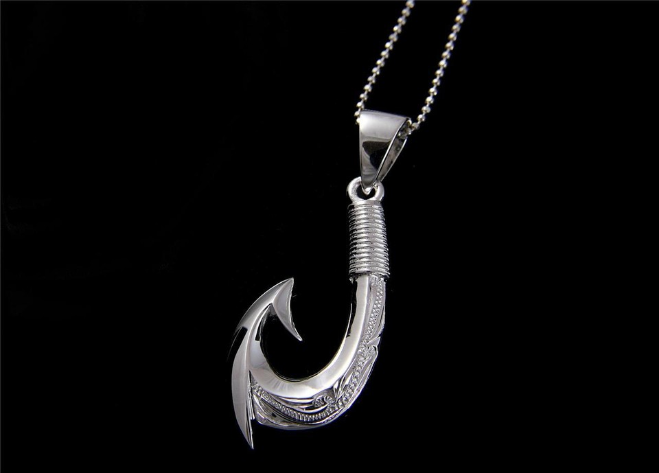 SILVER 925 HAWAIIAN 2 SIDED SCROLL ENGRAVED 3D FISH HOOK PENDANT HEAVY ...
