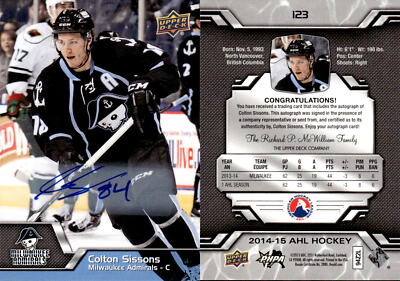 2014-15 Upper Deck AHL Autographs #123 Colton Sissons Auto - NM-MT | eBay