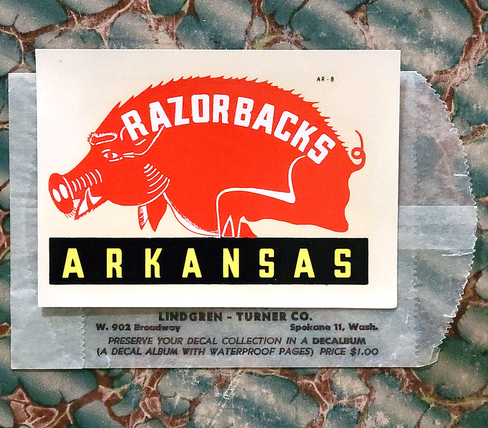 ORIGINAL VINTAGE TRAVEL DECAL ARKANSAS RAZORBACK BOAR LUGGAGE RV OLD ...