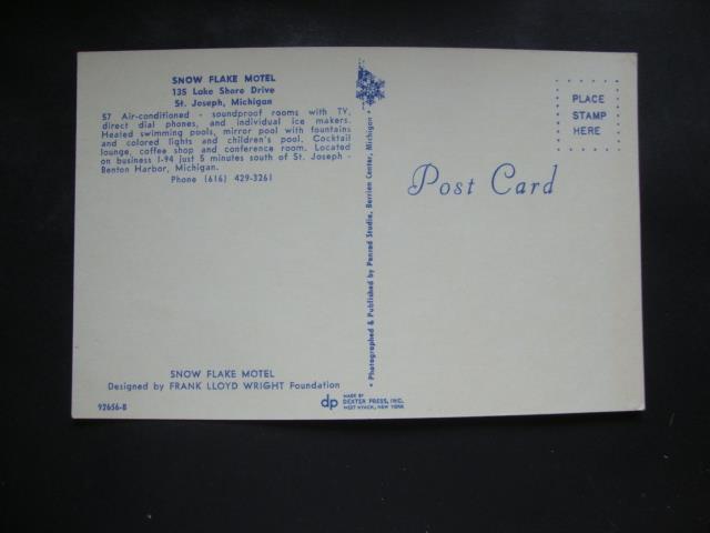 Railfans2 *569) Std Postcard, St Joseph Michigan, Snow Flake Motel ...