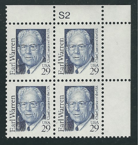 1986 Earl Warren Chief Justice Plate Block Of 4 29c Stamps, Sc#2184 ...