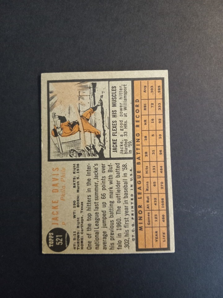 1962 Topps Baseball Jacke Davis Phillies #521 High Number Rookie Card ...