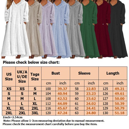 Womens Hooded Long Sleeve Fleece Dress Ladies Casual Fluffy Loose ...