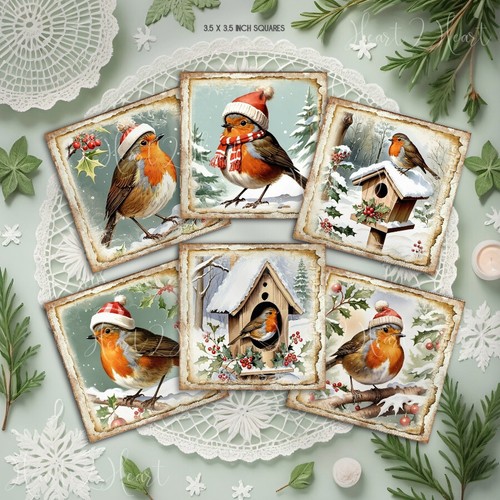 X6 Retro Christmas Robins Square Card Toppers, Scrapbooking ...