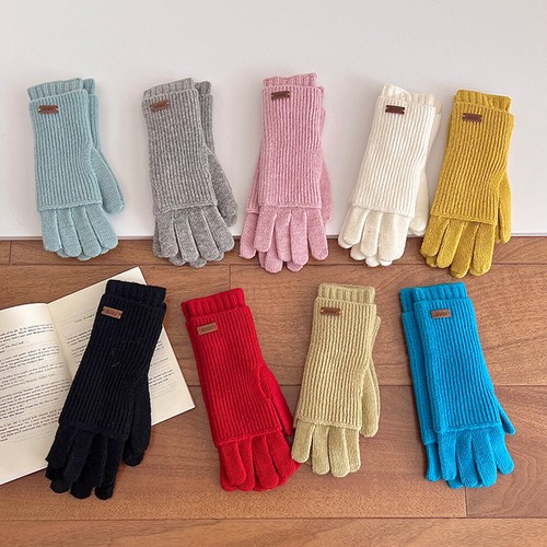 Women Winter Knit Gloves Double Layered Dual Purpose Wool Mittens Warm ...