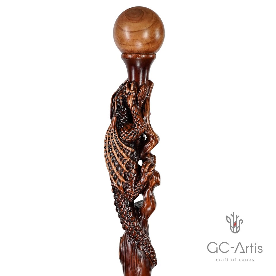 New Wood Dragon Hand Carved Walking Cane Hiking Stick Staff Wooden Top ...