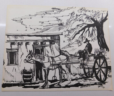 James Partee print 1972 - signed adobe house, horse & wagon with man ...