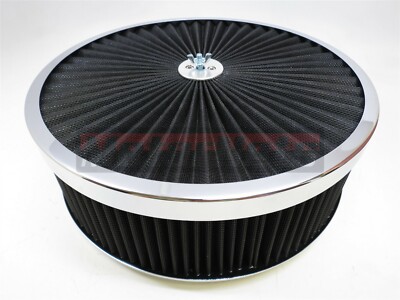 14" X 4" Chrome Round Black High Flow Thru Washable Air Cleaner Flat ...
