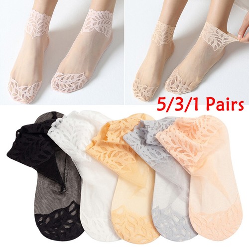 Women Transparent Thin Flower Lace Mesh Socks Nylon Elastic Short Ankle ...