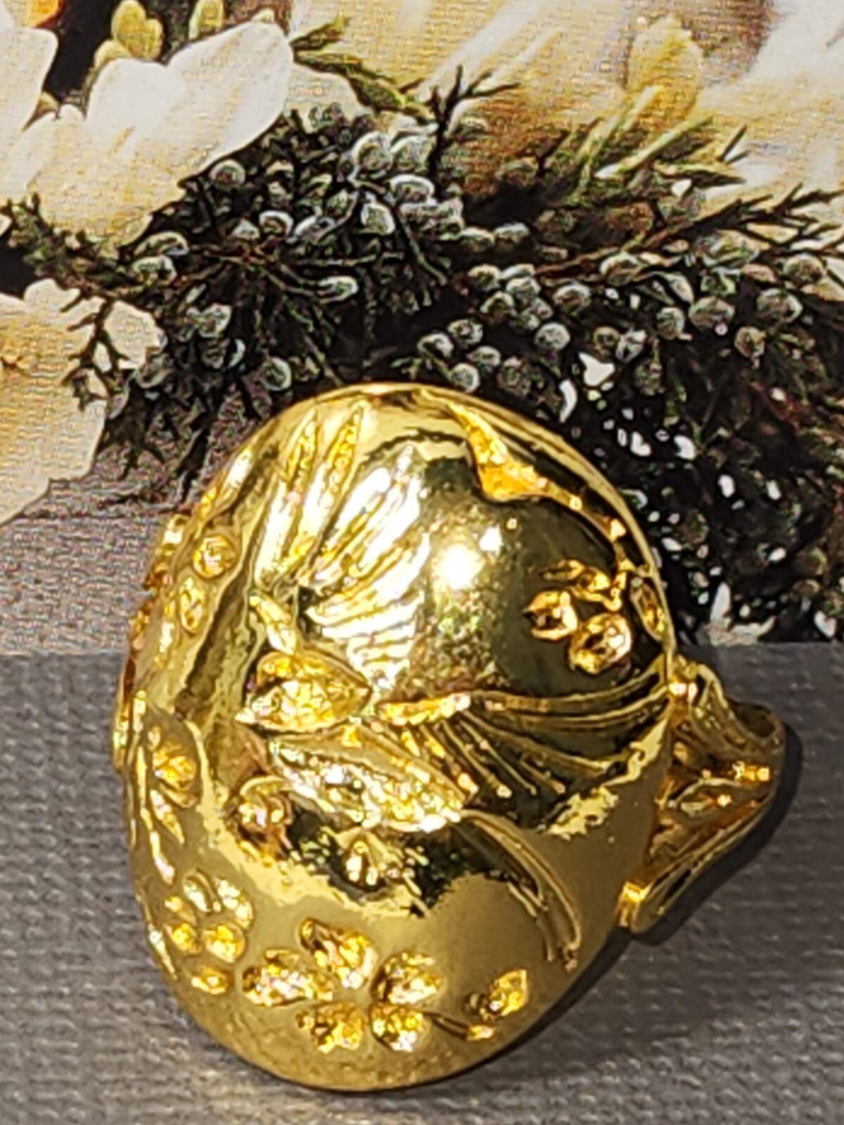 #2189, GOLD PLATED ENAMEL VINTAGE BIRD RING Sz 10 - Gem