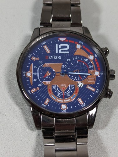 Eyros Mens Blue Dial Round Black Case Stainless St Band Watch 7.75 Inch ...