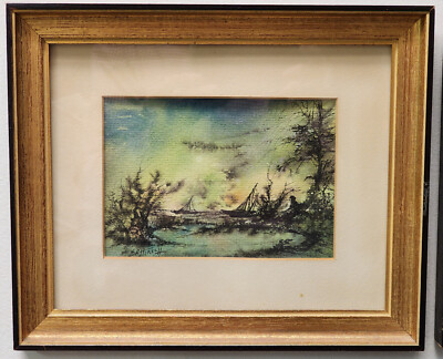 ESTHER HIRSCH PEN & INK WATER COLOR SHORELINE LANDSCAPE DRAWING | eBay