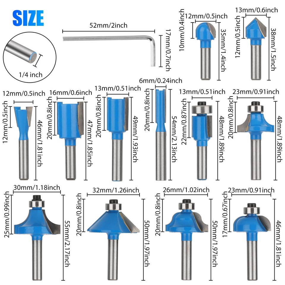 12 Piece Tungsten Carbide Router Bits Router Bit Set 1/4” Shank for ...