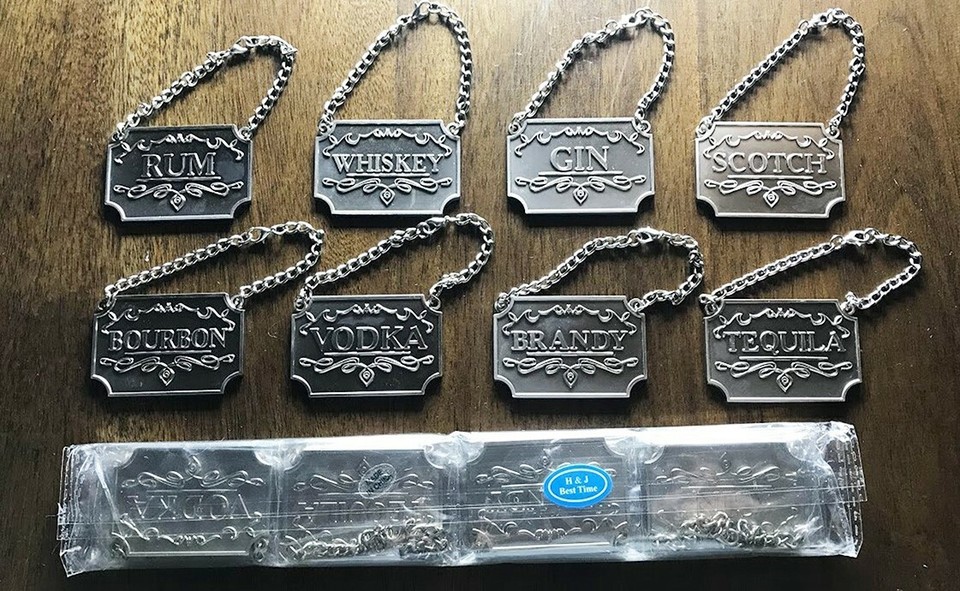 Silvery Liquor Decanter Tag/Name plate/: Whiskey, Bourbon, Scotch, Gin ...