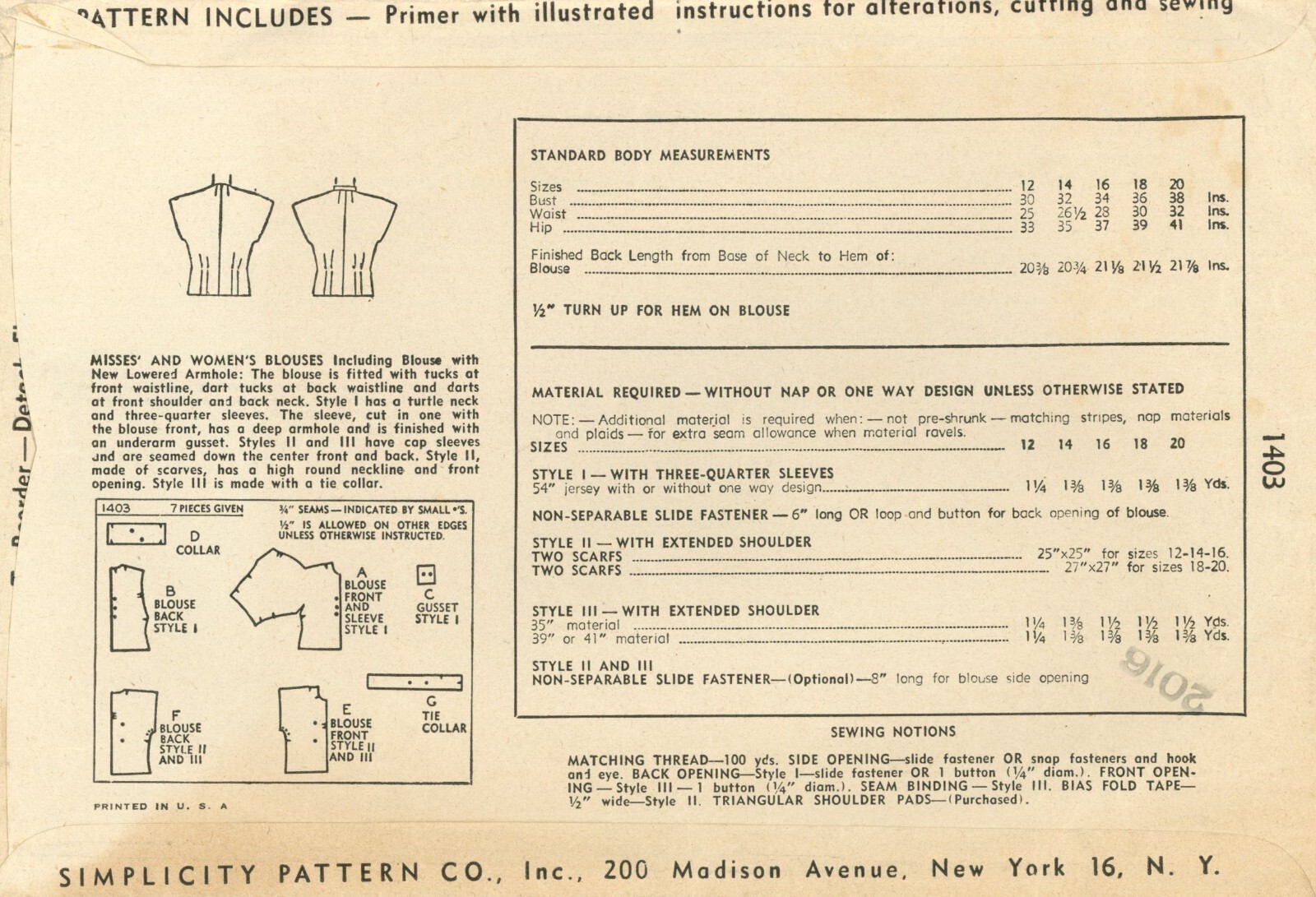 Simplicity 1403 Blouses w Neckline Variations, Sleeves Cut-In-One Sz 12 ...