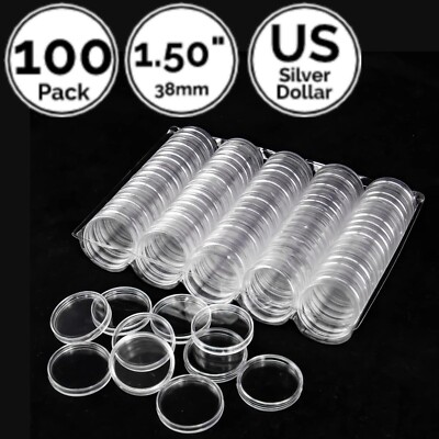 100 Pack 1.50 IN 38 mm Coin Capsule Holders Direct Fit US Morgan Silver ...