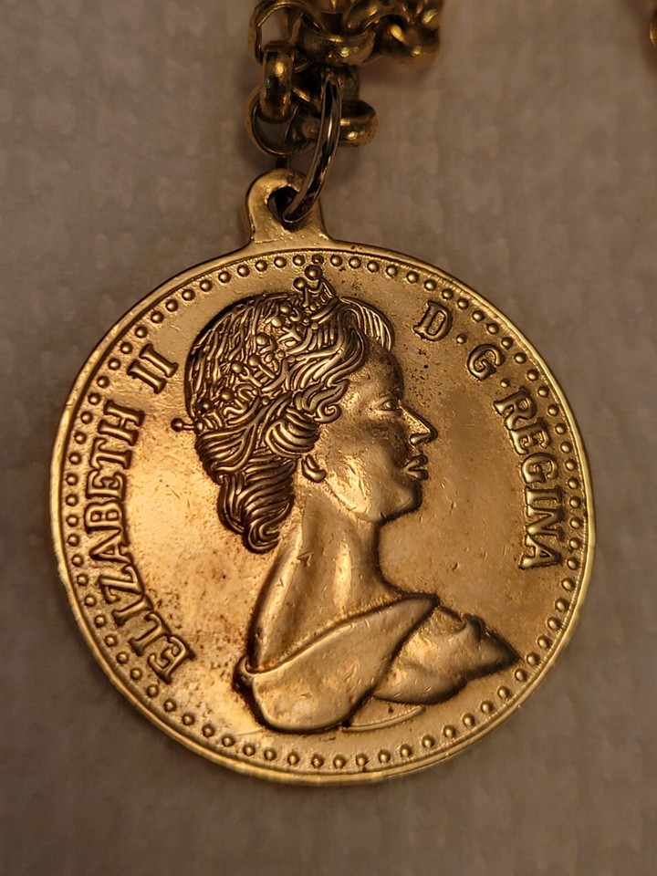 Vintage Necklace Goldtone Coin Medallion Queen Elizabeth II D G Regina ...