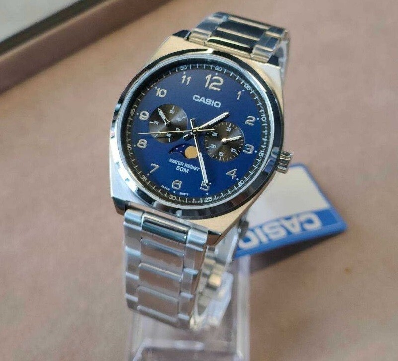 Casio MTP-M300D-2A Classic Lunar Design Moon Phase Blue Analog Quartz ...