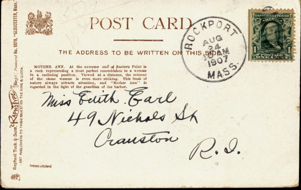 Gloucster Massachusetts MA ~ Mother Ann ~ Tuck UDB postcard mailed 1907 ...