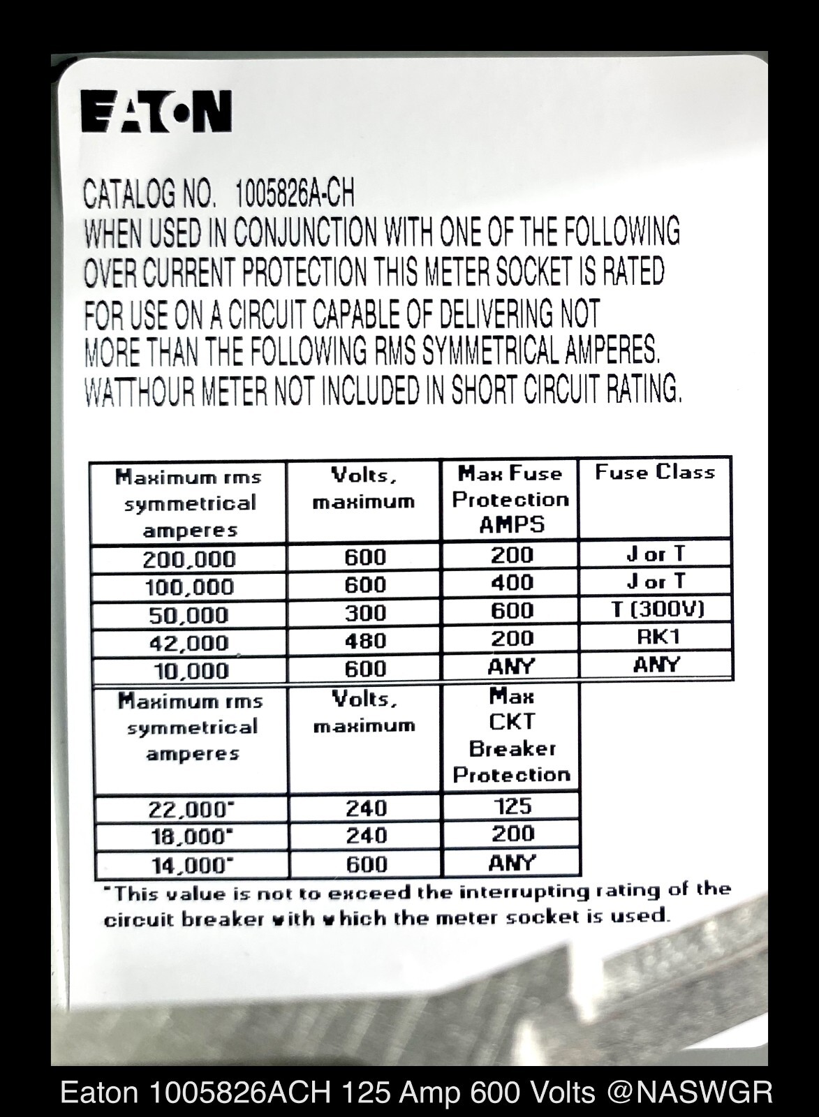 EATON 1005826A-CH meter socket, 125A / 600V / 1 ph / 3w / Unused | eBay
