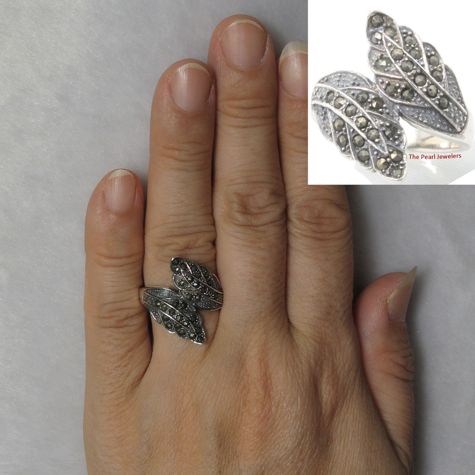 Gorgeous Twin Leaf Marcasite Cocktail Ring Crafted of Sterling Silver ...
