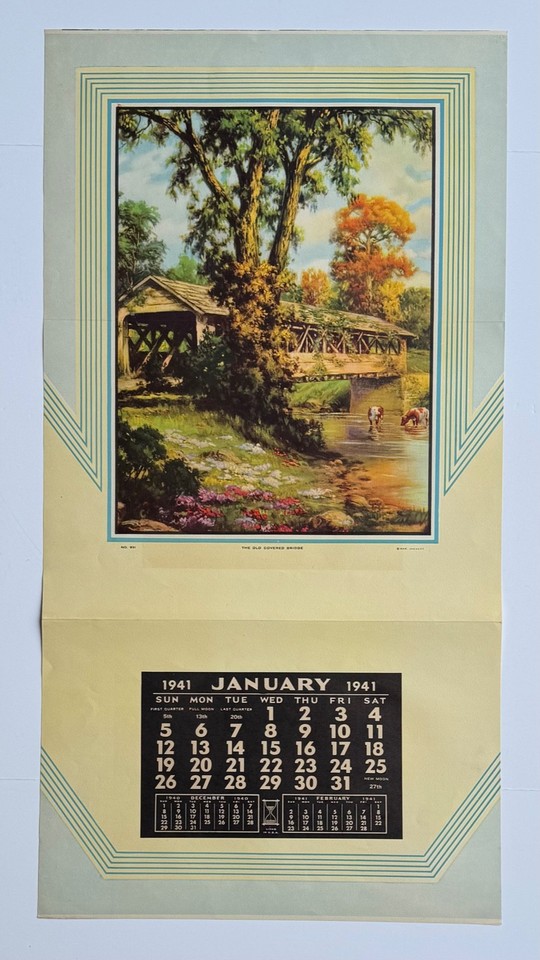 Vintage 1941 Calendar Salesman Sample Litho Print The Old Covered ...