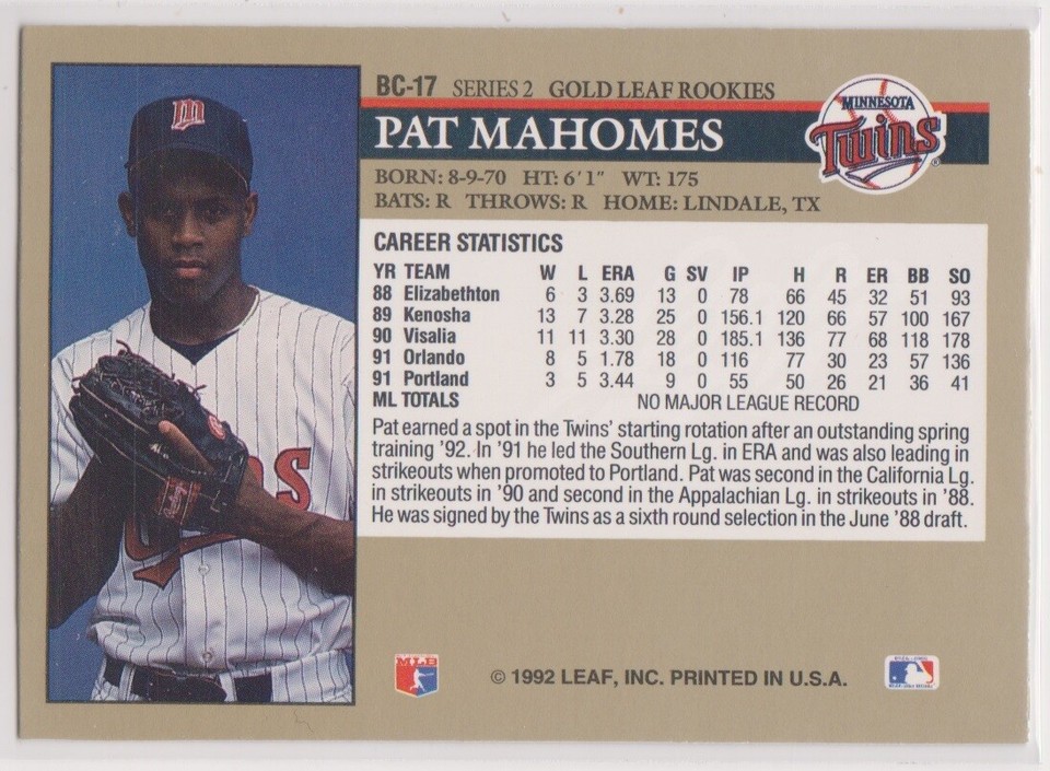 1992 PAT MAHOMES SR. GOLD LEAF ROOKIES Baseball Card Father of KC ...