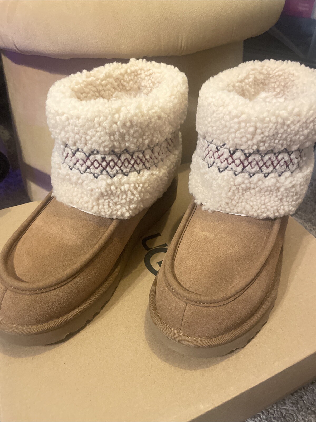 UGG CHESTNUT MINI UGG BRAID SUEDE SHEEPSKIN BOOTS, WOMEN US 7 EU 38 New ...