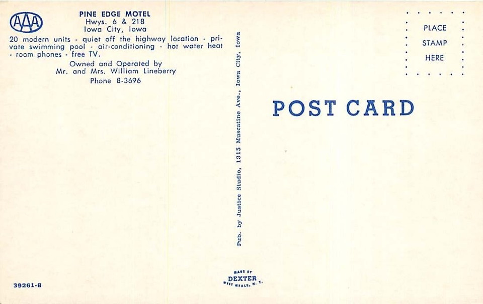Roadside Postcard Pine Edge Motel, Iowa City, Iowa - ca 1950s -William ...