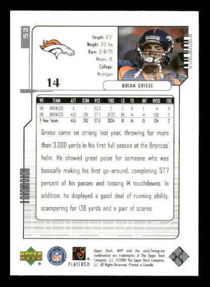 2000 Upper Deck MVP #52 Brian Griese Silver Script Denver Broncos | eBay