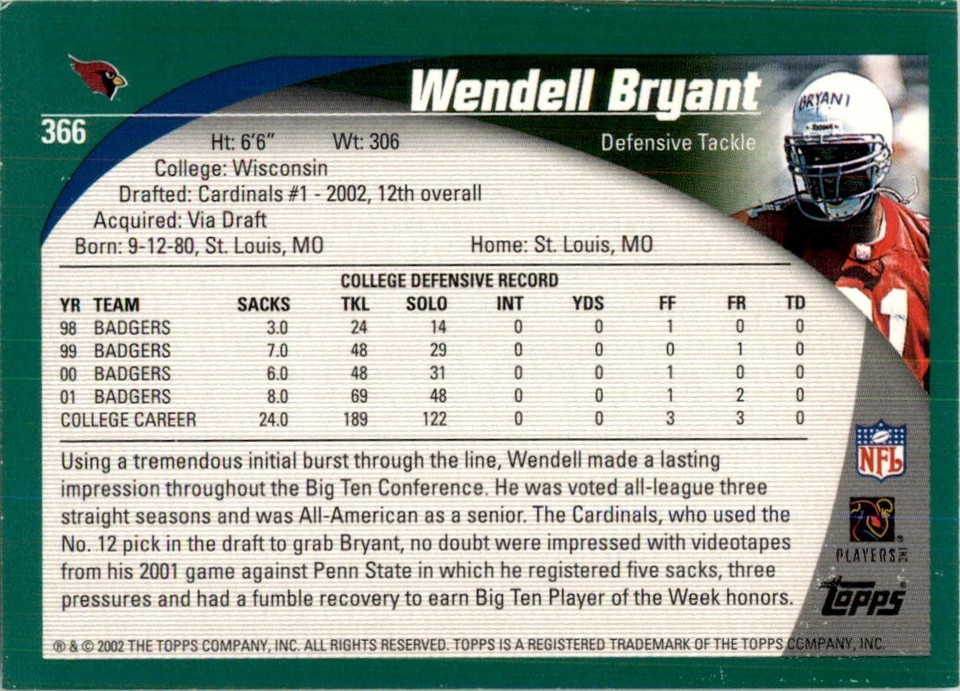 2002 Topps Wendell Bryant Rookie Arizona Cardinals #366 NFL Football ...