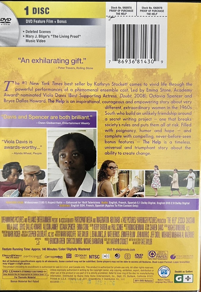 The Help (DVD, 2011) Emma Stone, Viola Davis, Jessica Chastain, Octavia ...