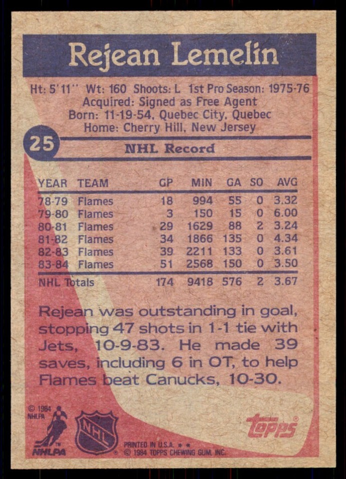 1984-85 Topps #25 Rejean Lemelin | eBay
