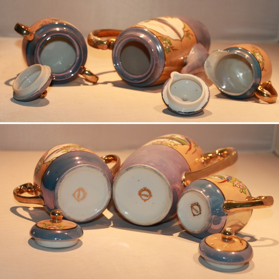 Vintage Mikori Japan Blue Gold Espresso Coffee Set Exotic Birds Sakura ...