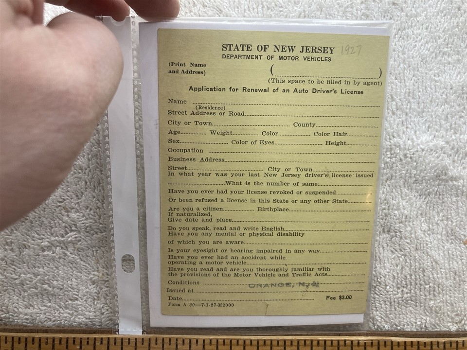 1927 New Jersey Department of Motor Vehicles Drivers License Renewal ...