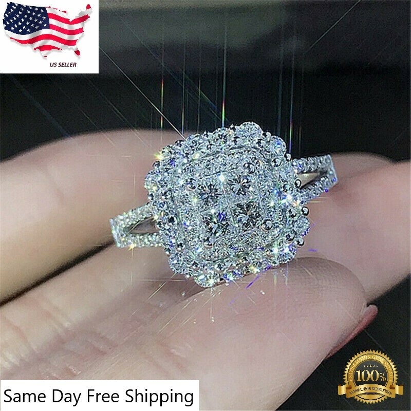 925 Silver Plated Wedding Ring Women Jewelry Simulated White Sapphire ...