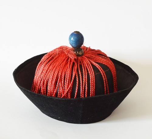 ANTIQUE MANDARIN VELVET-BRIMMED WINTER HAT JIGUAN HAT 19th CHINESE QING ...