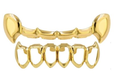 14K Gold Plated Mouth Teeth Grills Top Bridge Grillz + Open Face Lower ...