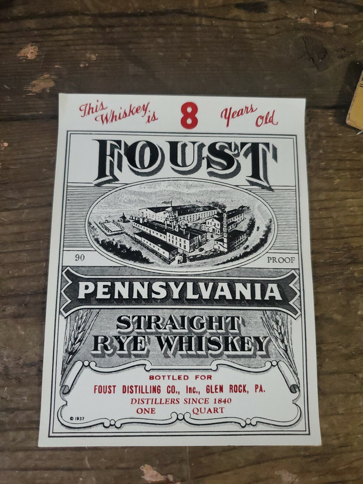 1937 FOUST WHISKEY DISTILLERY LABEL GLEN ROCK PA 6x4 | eBay