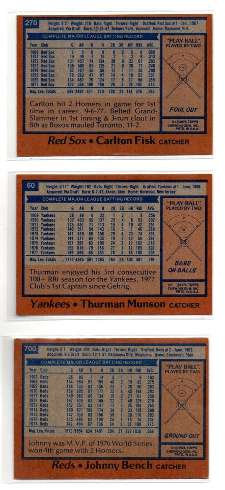 1978 TOPPS #60 MUNSON # 270 FISK #700 BENCH HOF LOT VINTAGE 1970S SET ...